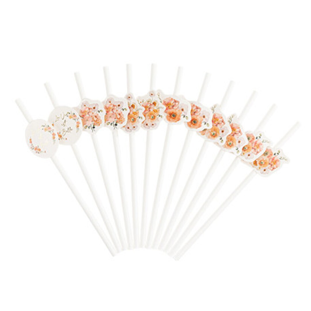 12 Floral Peachy Rose Paper Straws, Floral Theme Party, Floral Straws ...