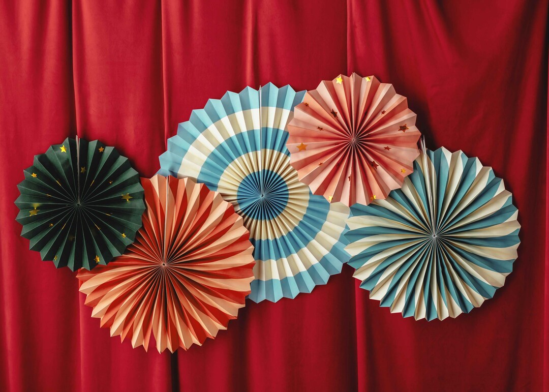 5 Colourful Paper Fans, 23-43cm, Circus Wall Decorations, Circus ...