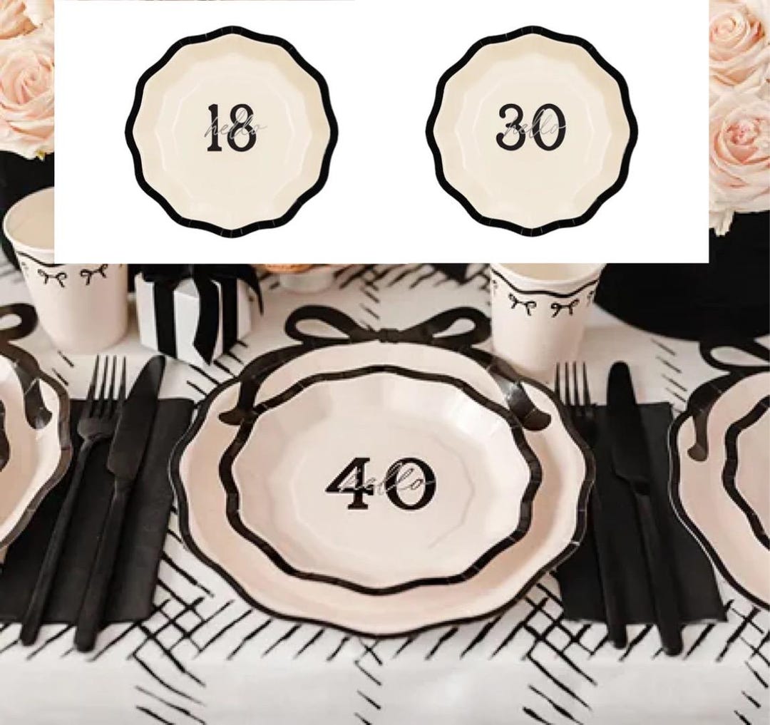 6 Birthday Paper Plates, 18th, 30th, 40th, 50th, 18cm/7in, Black Bow ...
