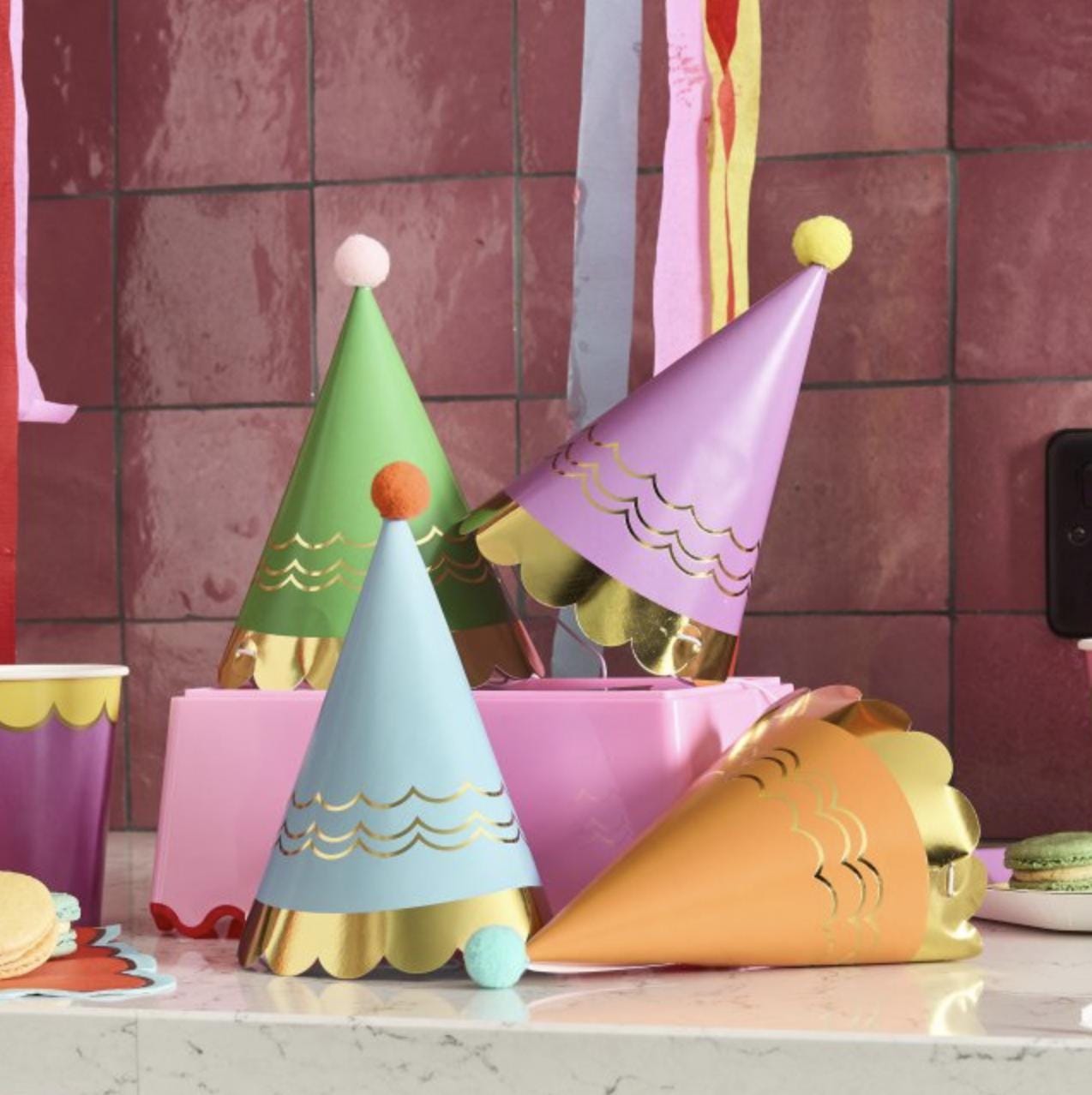 8 Premium Bright Party Hats With Pom Poms, Ready to Wear Party Hats ...