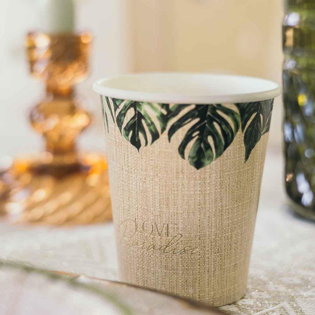 8 Coco Palm 'love Paradise' Linen Effect Paper Cups, 255ml, Foilage ...