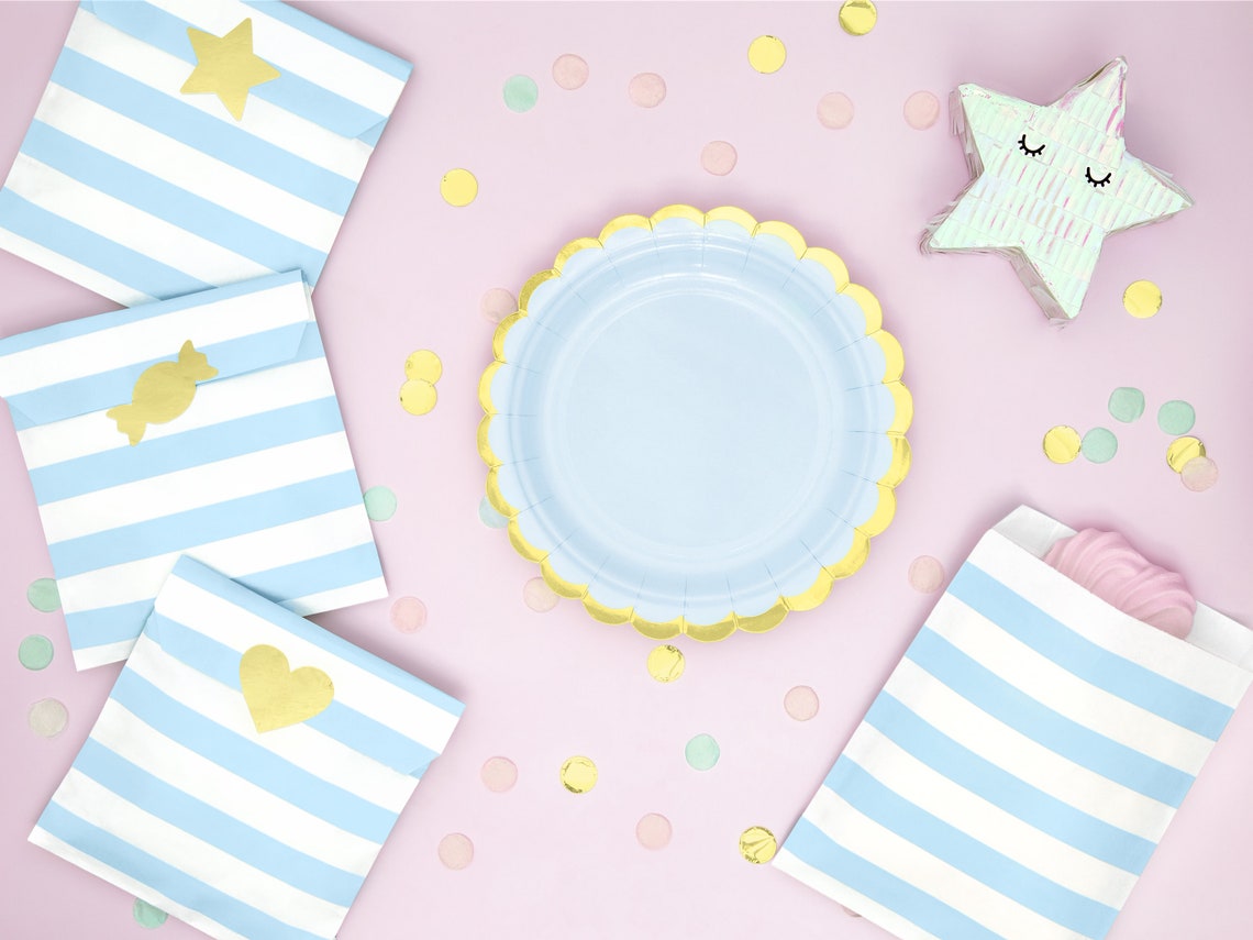 6 Pastel Blue Paper Plates, Pastel Paper Plates, Blue and Gold, Pastel ...