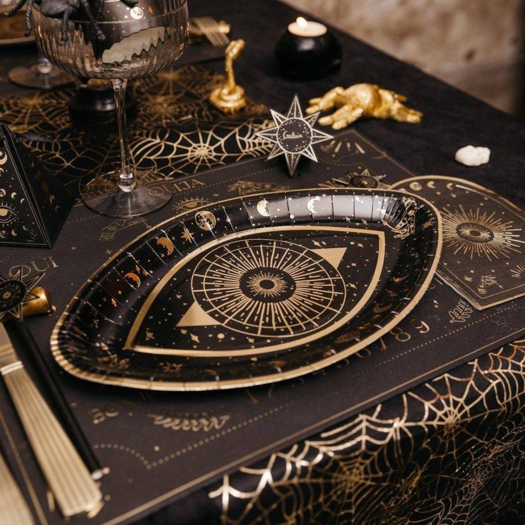 8 Cosmic Spirit Plates in Black With Gold, Black and Gold Plates, Moon ...