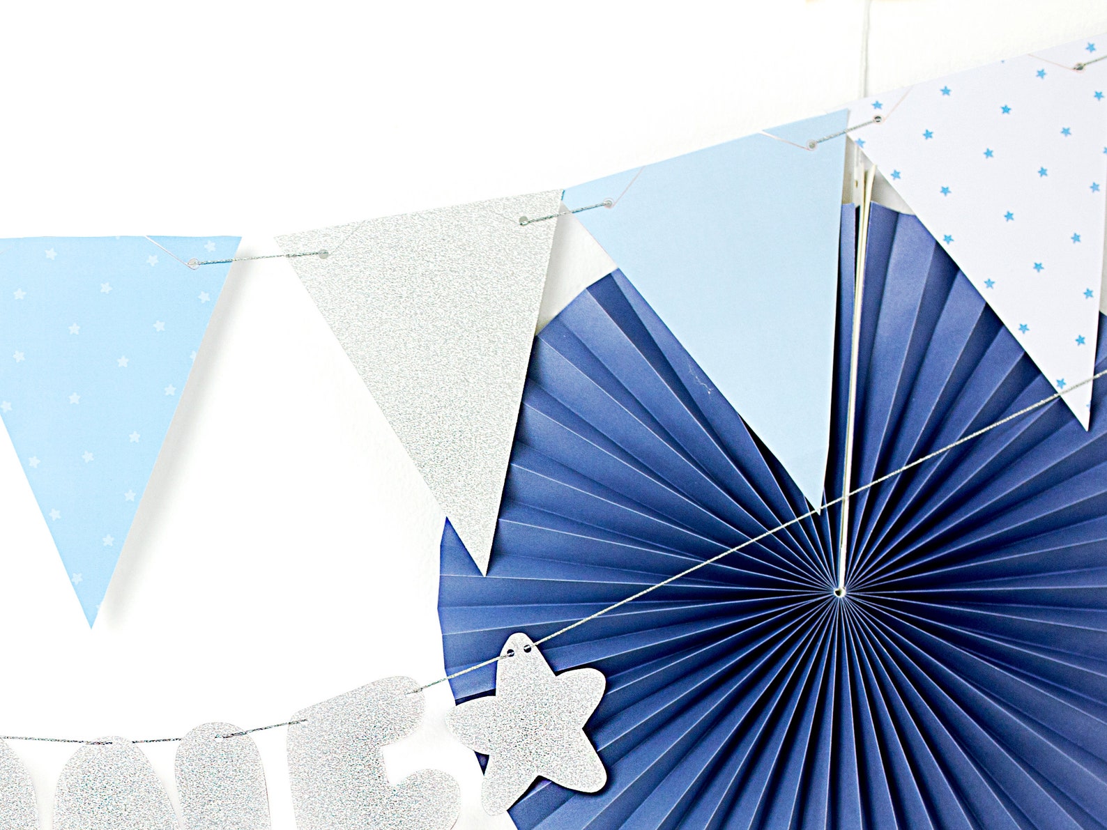 Blue and Sparkling Silver Paper Bunting - Banner - Blue White Silver ...