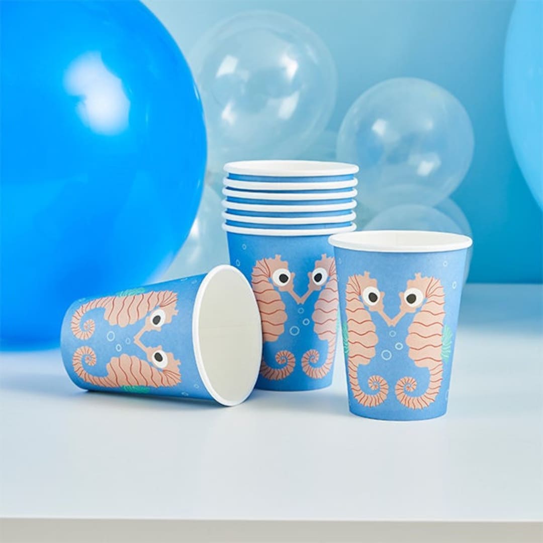 Set of 8 Blue and Pink Sea Horse Cups, Under the Sea Cups, Under the ...