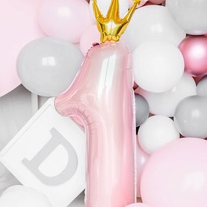 Giant Pink Number '1' Balloon With Crown, 36in, Light Pink Number ...