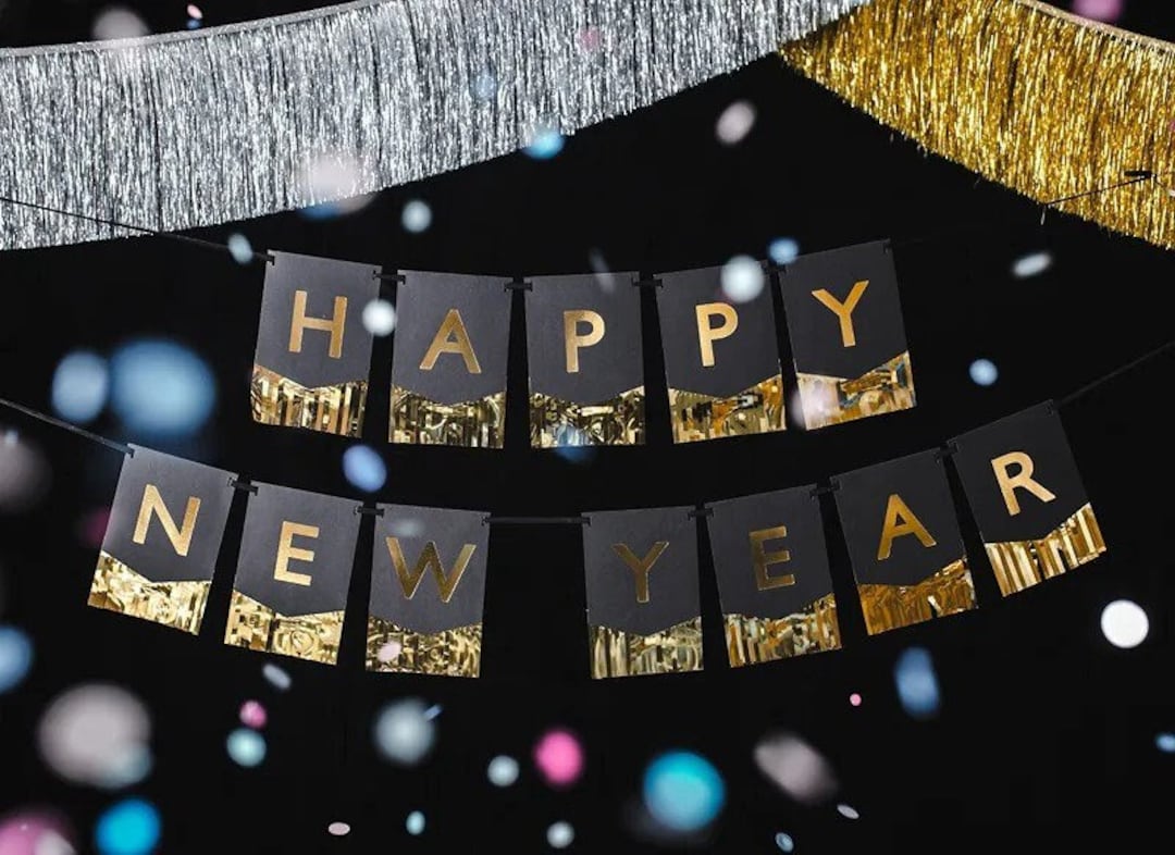 Gold Fringe Happy New Year Banner, Gold Fringe Bunting, New Year's ...