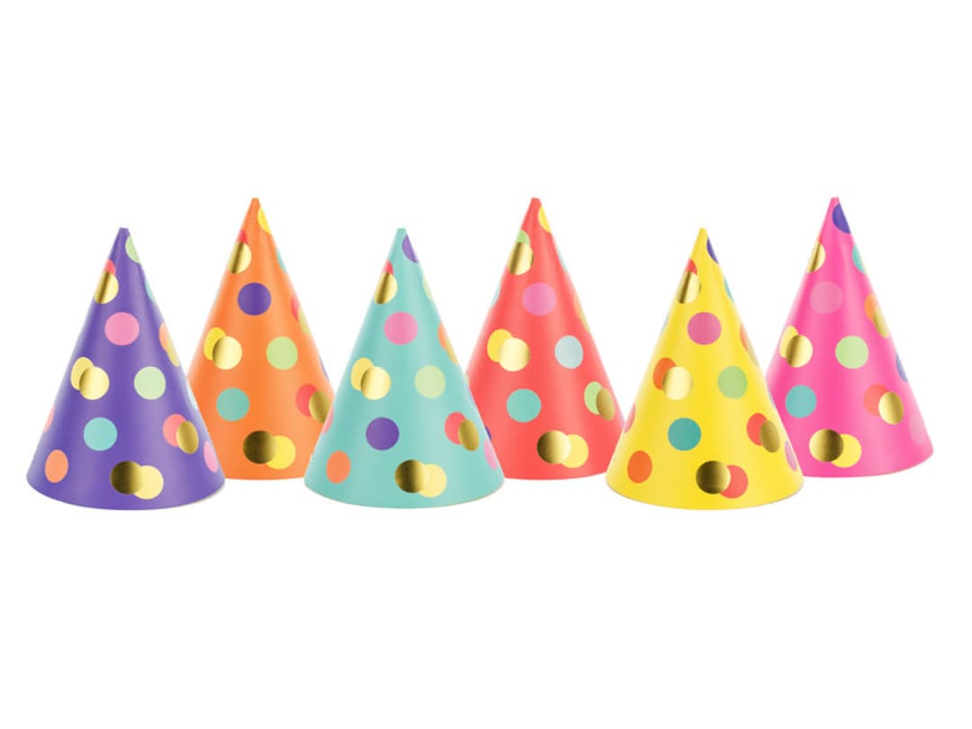 6 Colourful Dots Party Hats, Polka Dot Party Hats, Rainbow Party, Kids ...