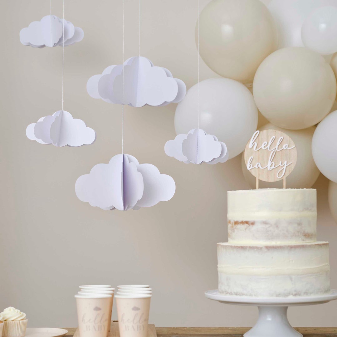 5 White 3D Hanging Cloud Decorations , 3D Mobile, Paper Clouds, Hanging Paper Decorations ...