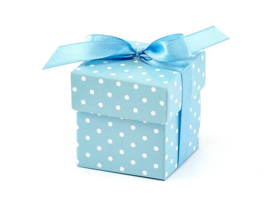 10 Baby Blue Ribbon Gift Boxes White Polka Dots Print Thank - Etsy