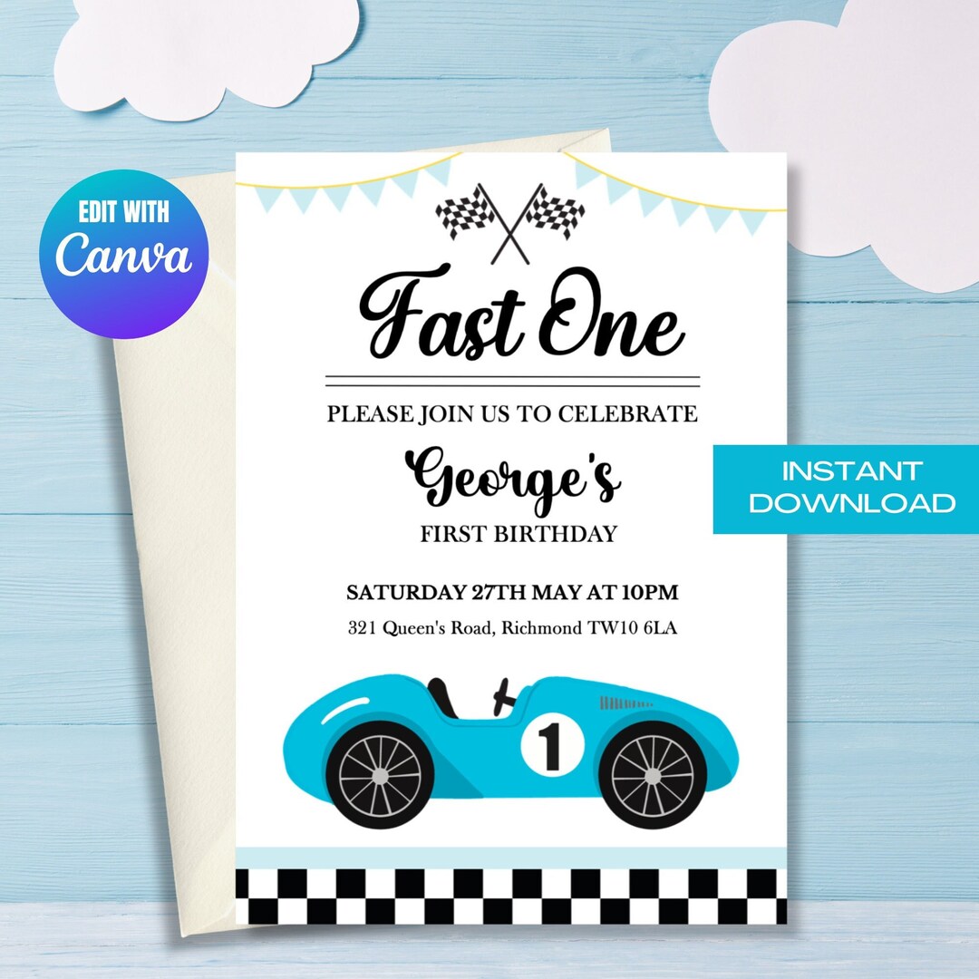 Fast One First Birthday Digital Invitation, Invitation Canva Template ...