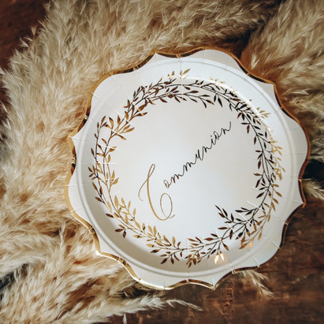 Gold Communion Foiled Paper Plates, White and Gold Tableware, White ...