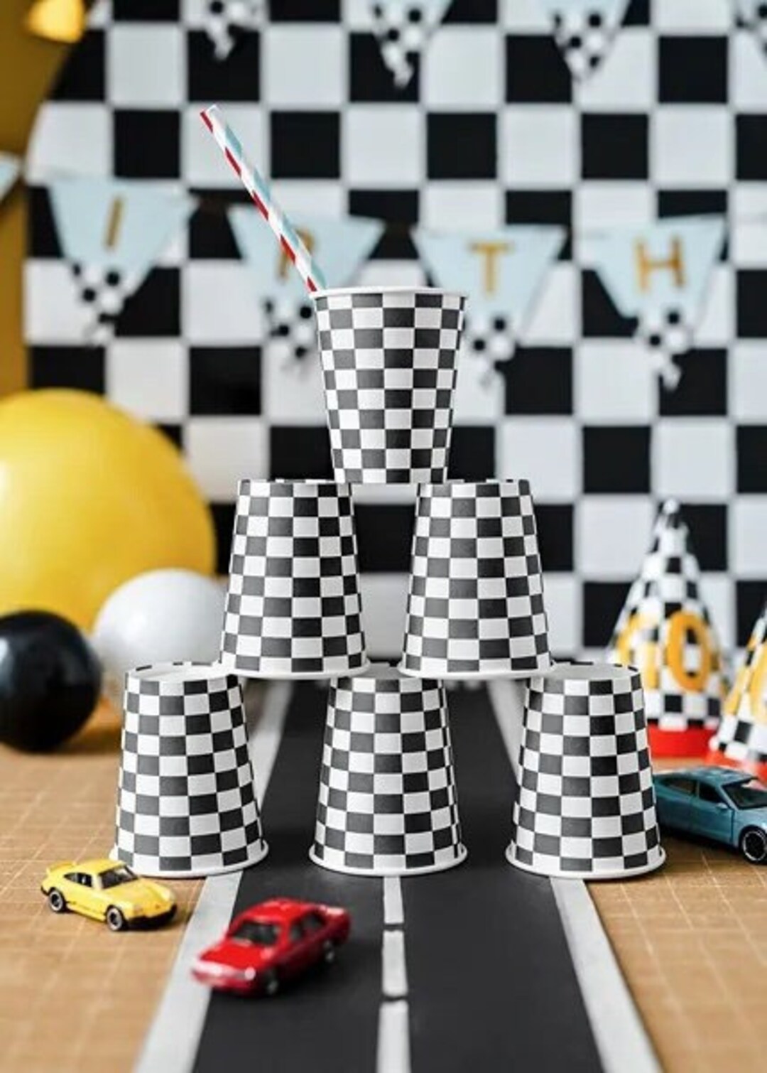 6 Checkered Flag Party Cups, Racing Paper Cups, Monster Truck ...