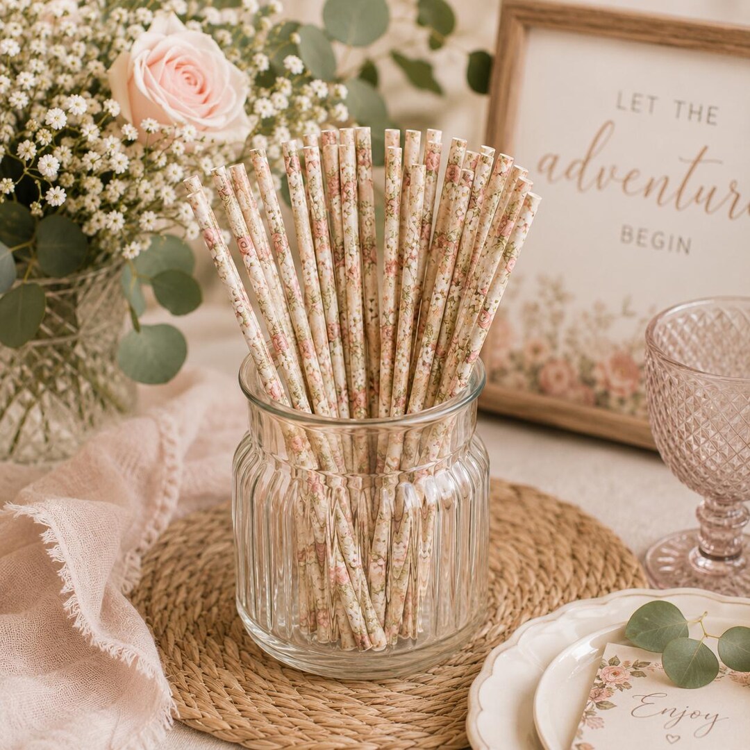 20 Liberty Vintage Floral Drink Straws, Pretty Bridal Shower Straws ...