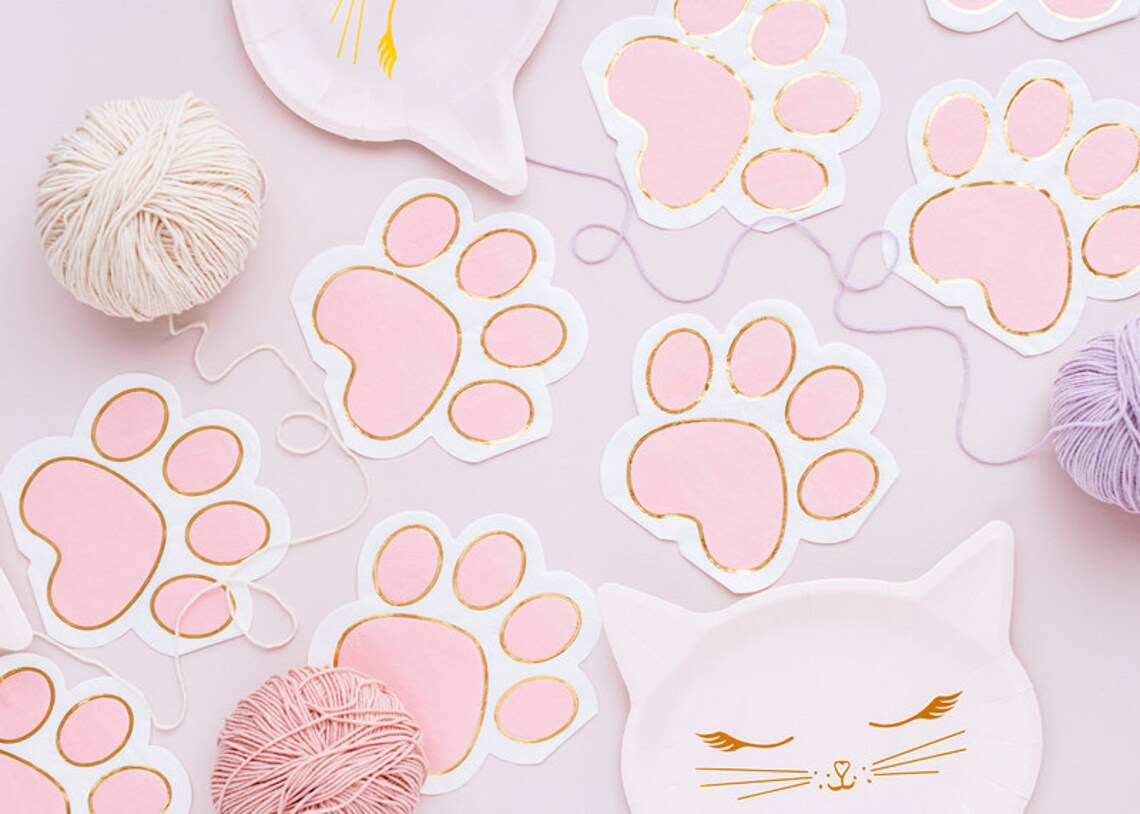 12 X Pink Paw Napkins, Cat Paw Paper Napkins, White and Pink Paw Paper ...