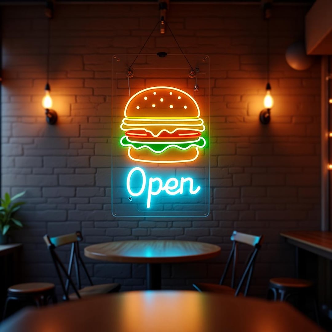 Burger Neon Sign, Open Burger Neon Sign, Burger Open Sign, Neon Burger ...