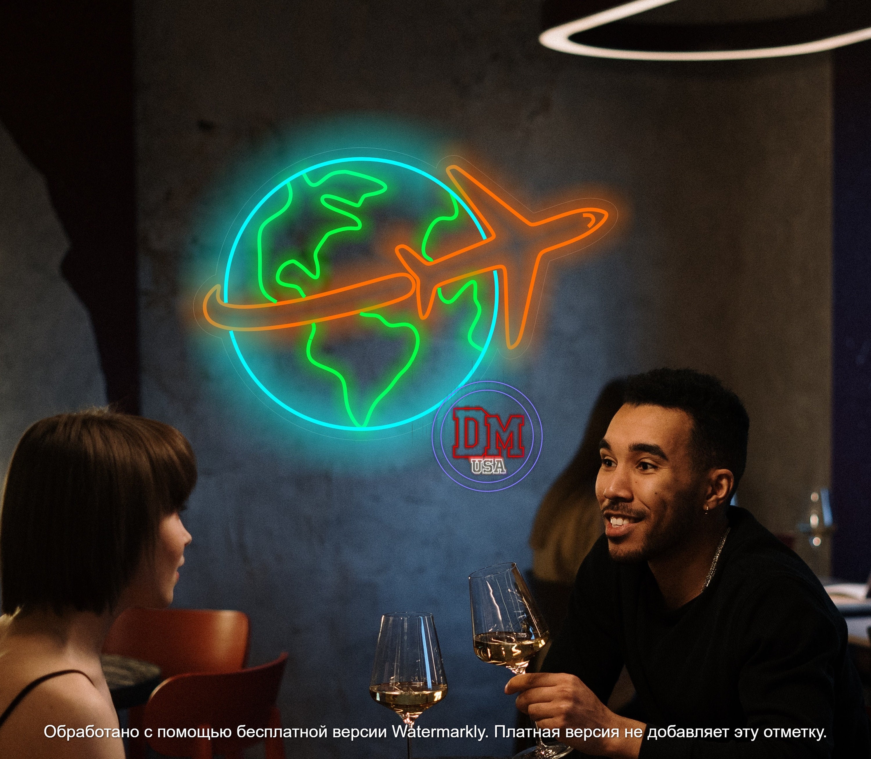 Neon Sign Planet Earth, Neon Sign Airplane, Travelling Around the World ...