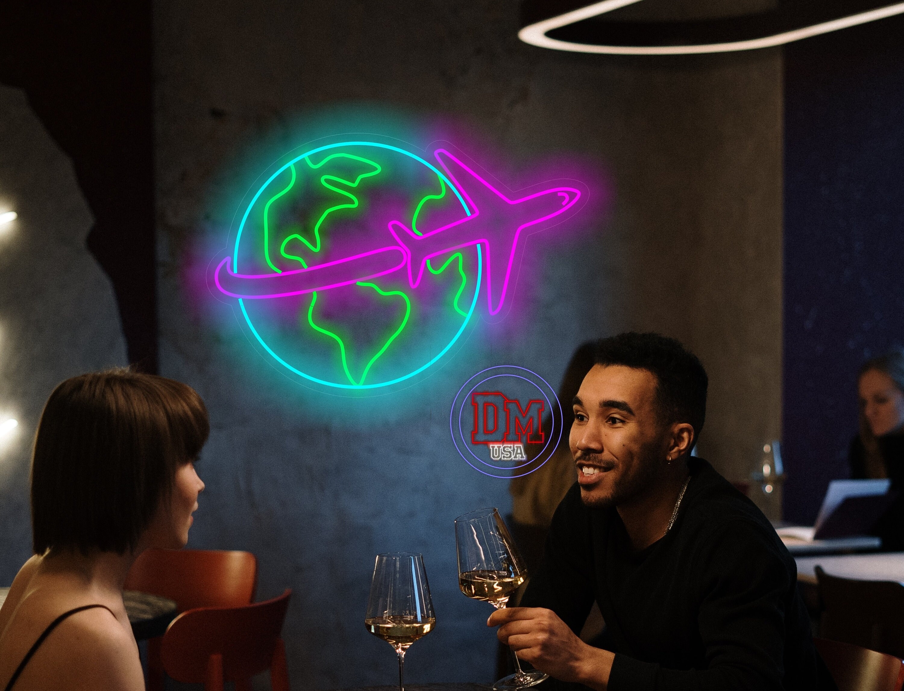 Neon Sign Planet Earth, Neon Sign Airplane, Travelling Around the World ...