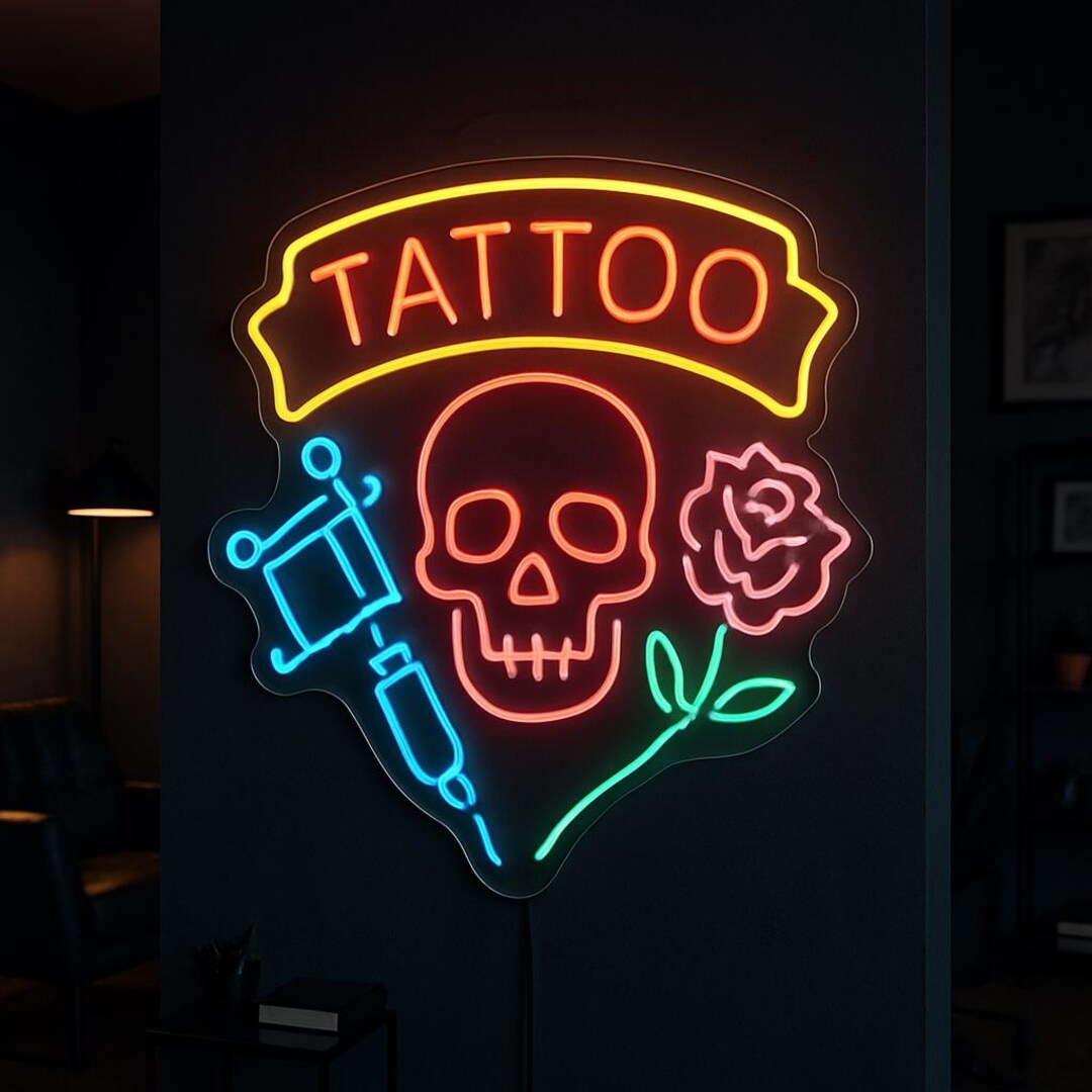 Tattoo Shop Neon Sign – Skull, Rose & Tattoo Machine Light for Studio ...