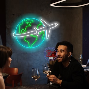 Neon Sign Planet Earth, Neon Sign Airplane, Travelling Around the World ...