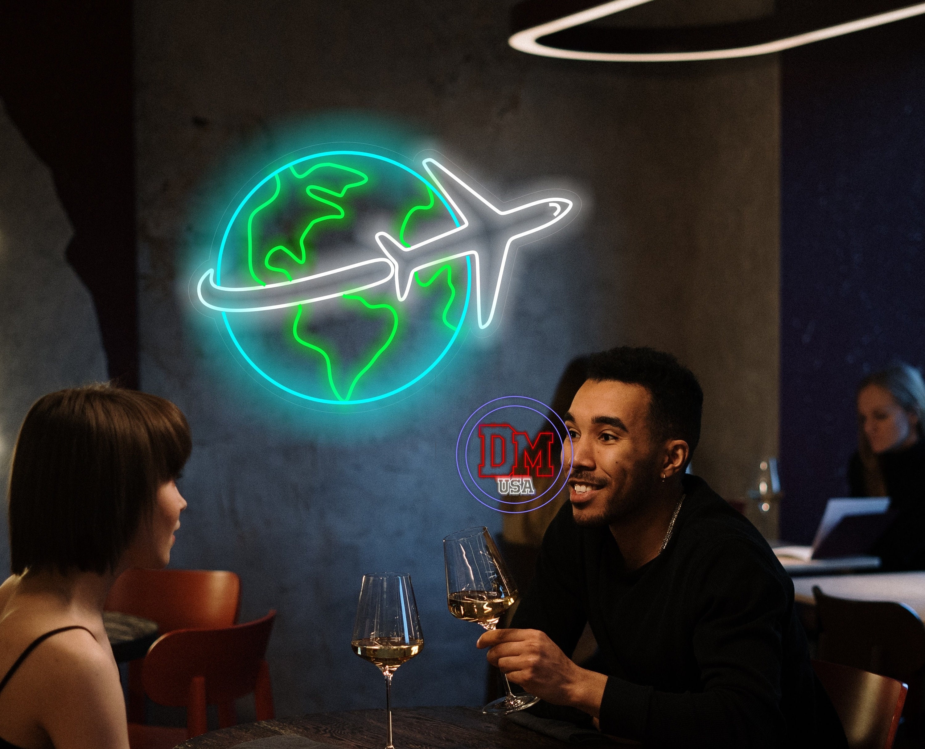 Neon Sign Planet Earth, Neon Sign Airplane, Travelling Around the World ...