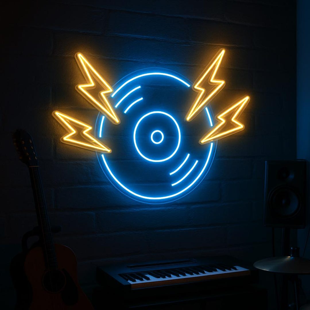 Vinyl Record Neon Sign With Lightning – Retro Music Neon Light for DJ ...