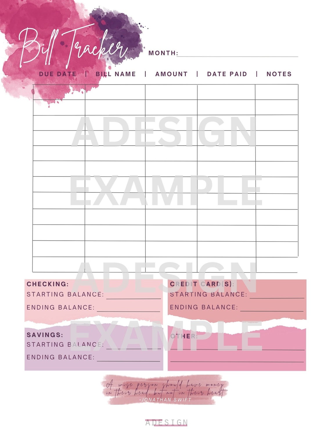 Printable Monthly Bill Tracker: Budget Planner (PDF) - Etsy