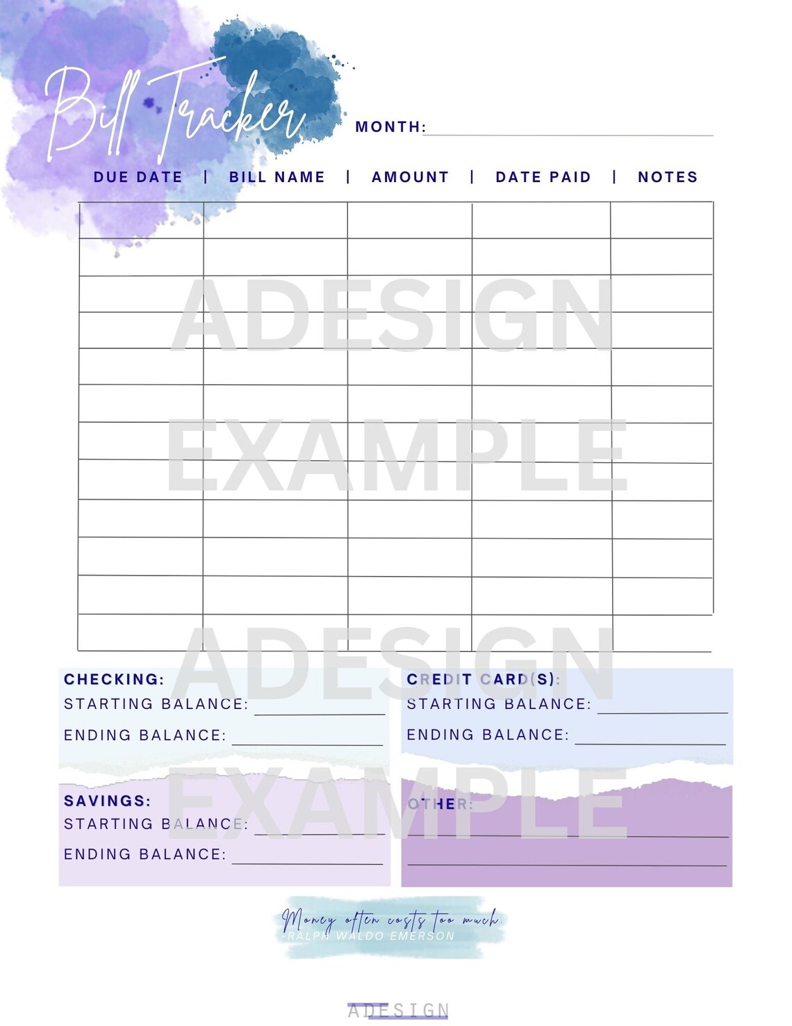 Printable Monthly Bill Tracker: Budget Planner (PDF) - Etsy