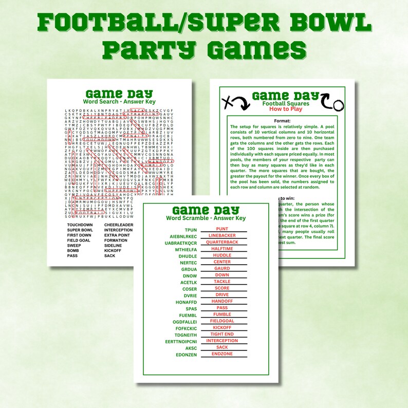 Super Bowl Game Day Bundle - Football Party Games - Football Squares ...