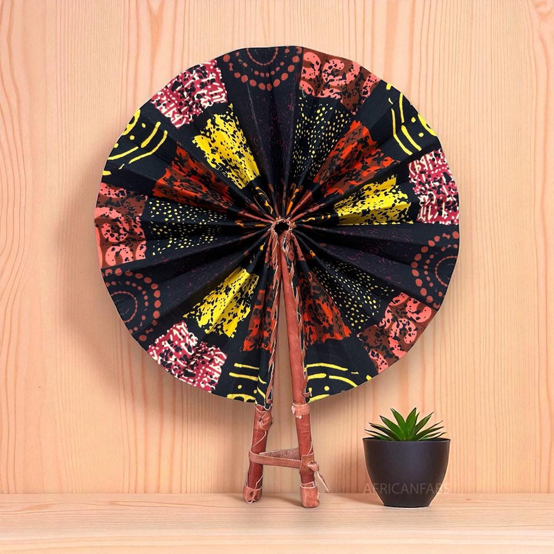 African Hand Fan - Ankara Print Folding Fan - Kosi - Black - Wax Print ...