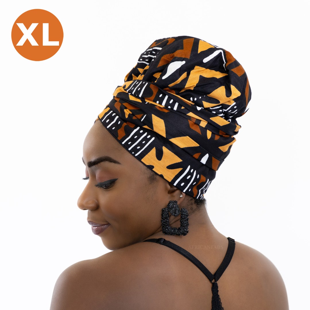 XL Easy Headwrap - Satin Lined Hair Bonnet With Straps - Brown Bogolan ...