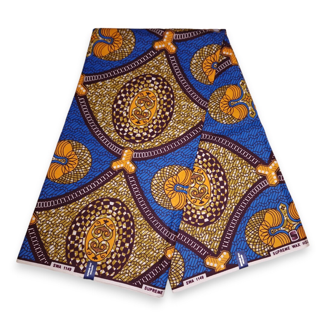 African Fabric Blue / Mustard Style Wax Print Ankara Cotton Fabrics ...