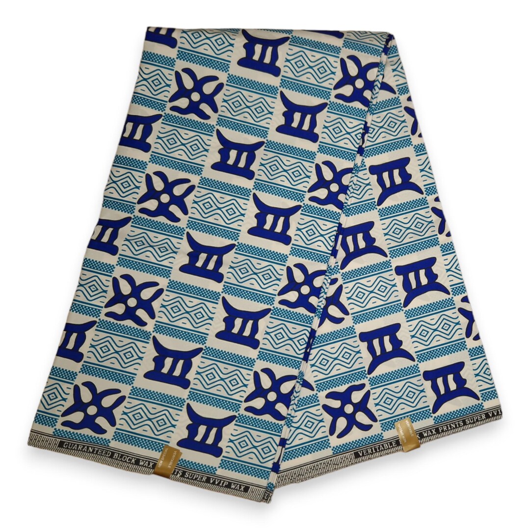 African Print Fabric Blue White Symbols Polycotton Ankara Fabric ...