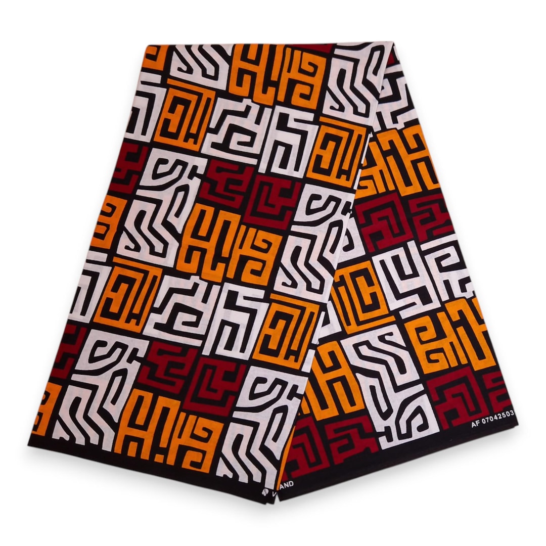 African Print Fabric - Maroon Red & Yellow-orange Kuba Blocks Congo ...