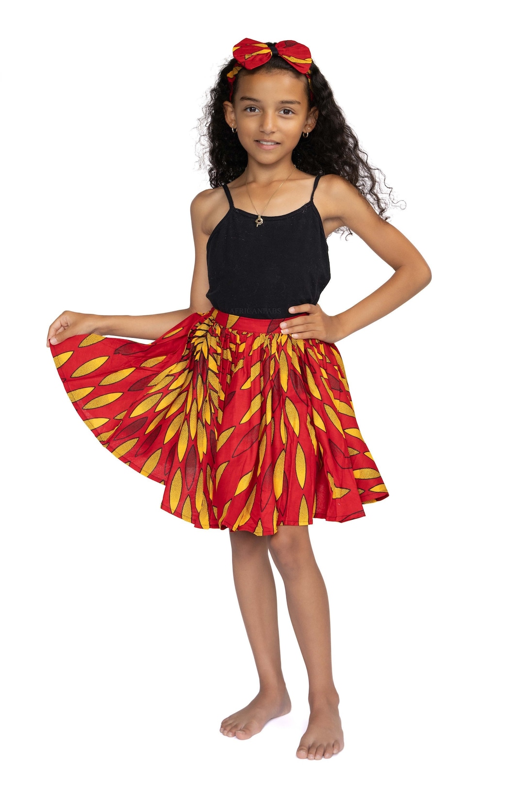 African Print Kids Skirt Headtie With Bow Set in Red Sunburst 1 10 ...