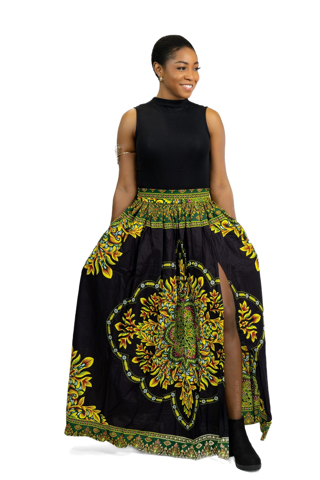 African Print Maxi Skirt With Slit - Black Java Design - Wax Maxi Skirt ...