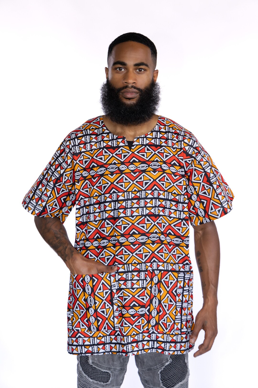 Red / Orange Bogolan Dashiki Shirt / Dashiki Dress - African Print Top ...