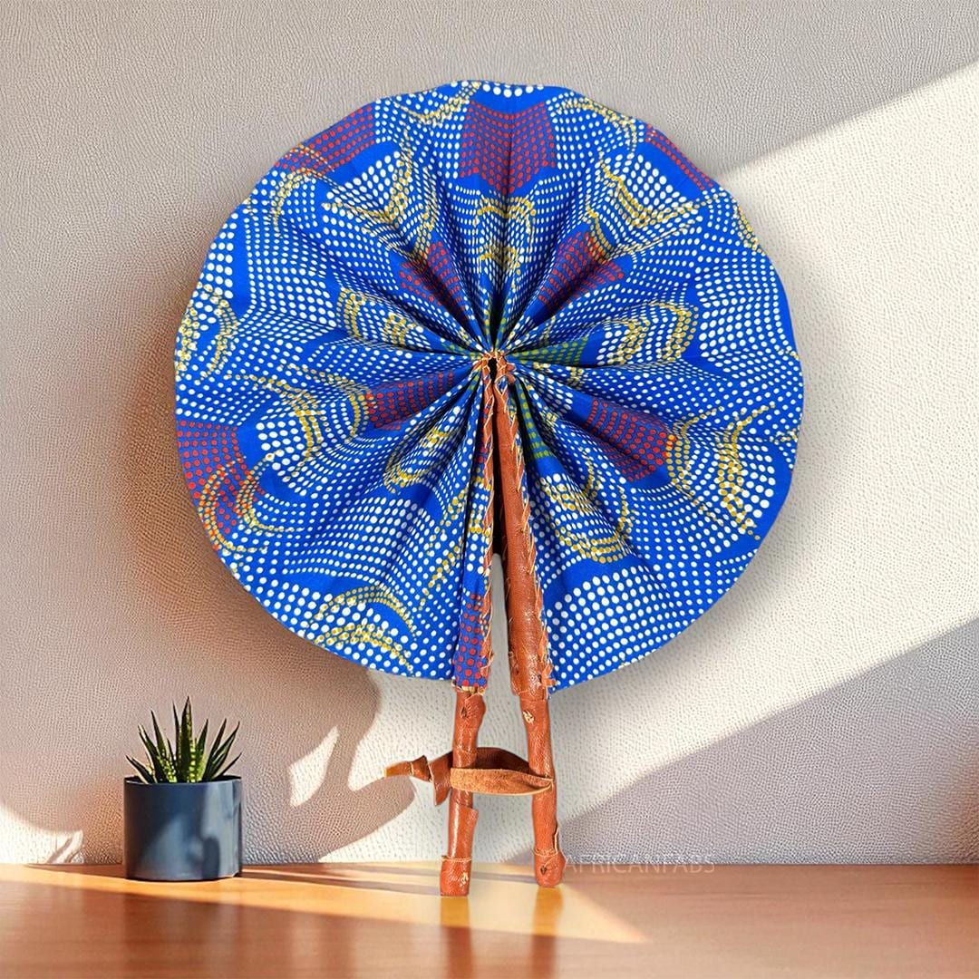 African Hand Fan - Ankara Print Folding Fan - Ekow - Blue - Wax Print ...