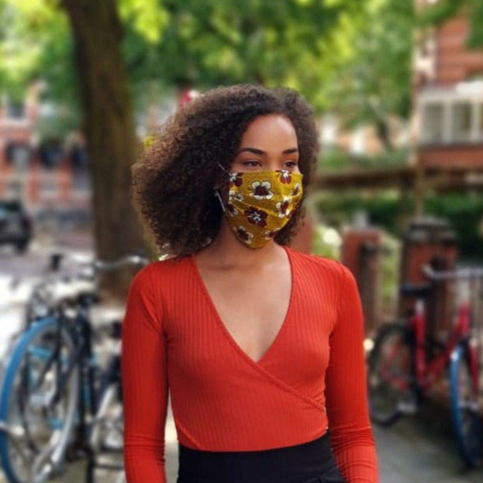 African Print Mouth Mask / Aankara Face Mask - Mustard Maroon Flowers ...