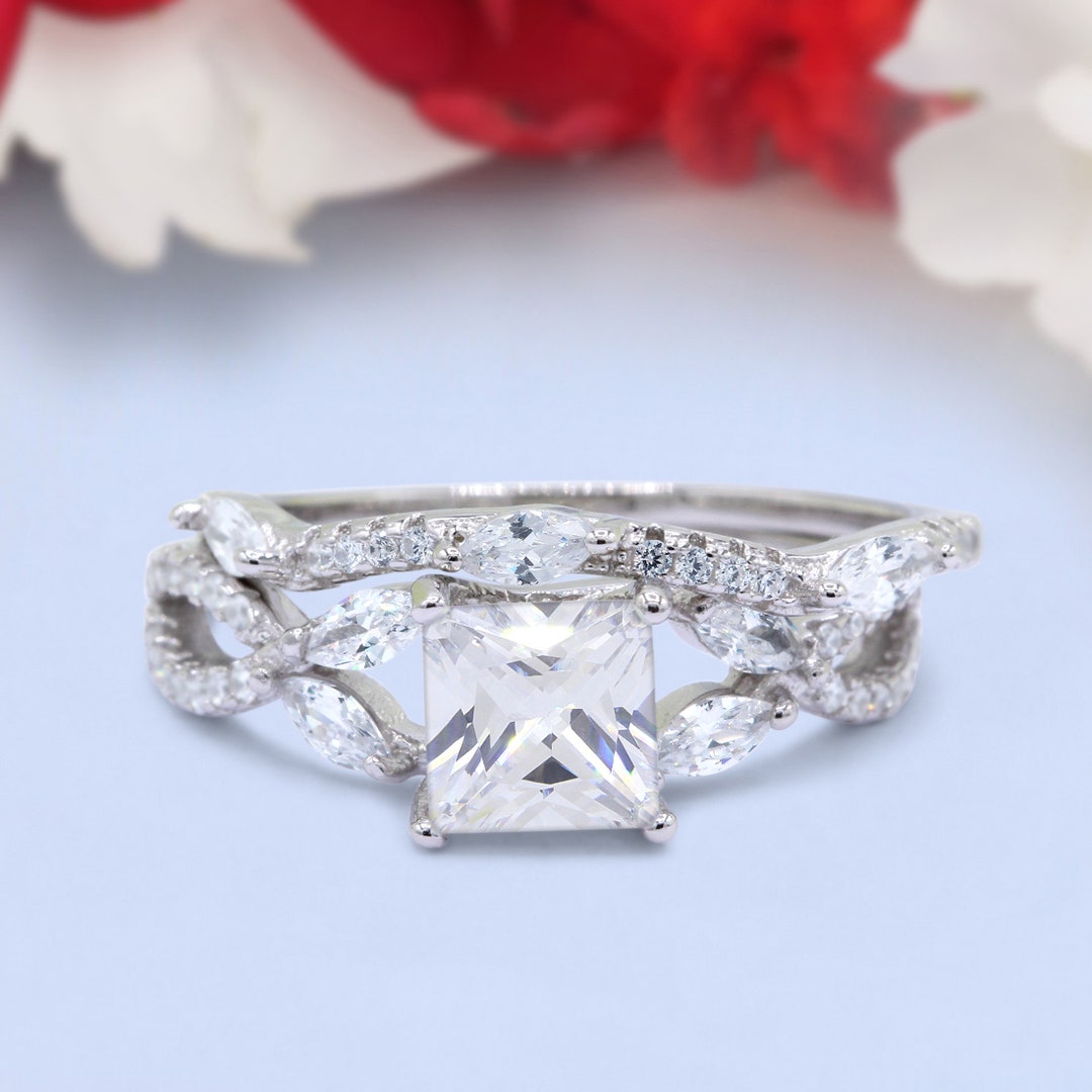 Two Piece Bridal Set Art Deco Princess Cut Wedding Engagement Marquise ...