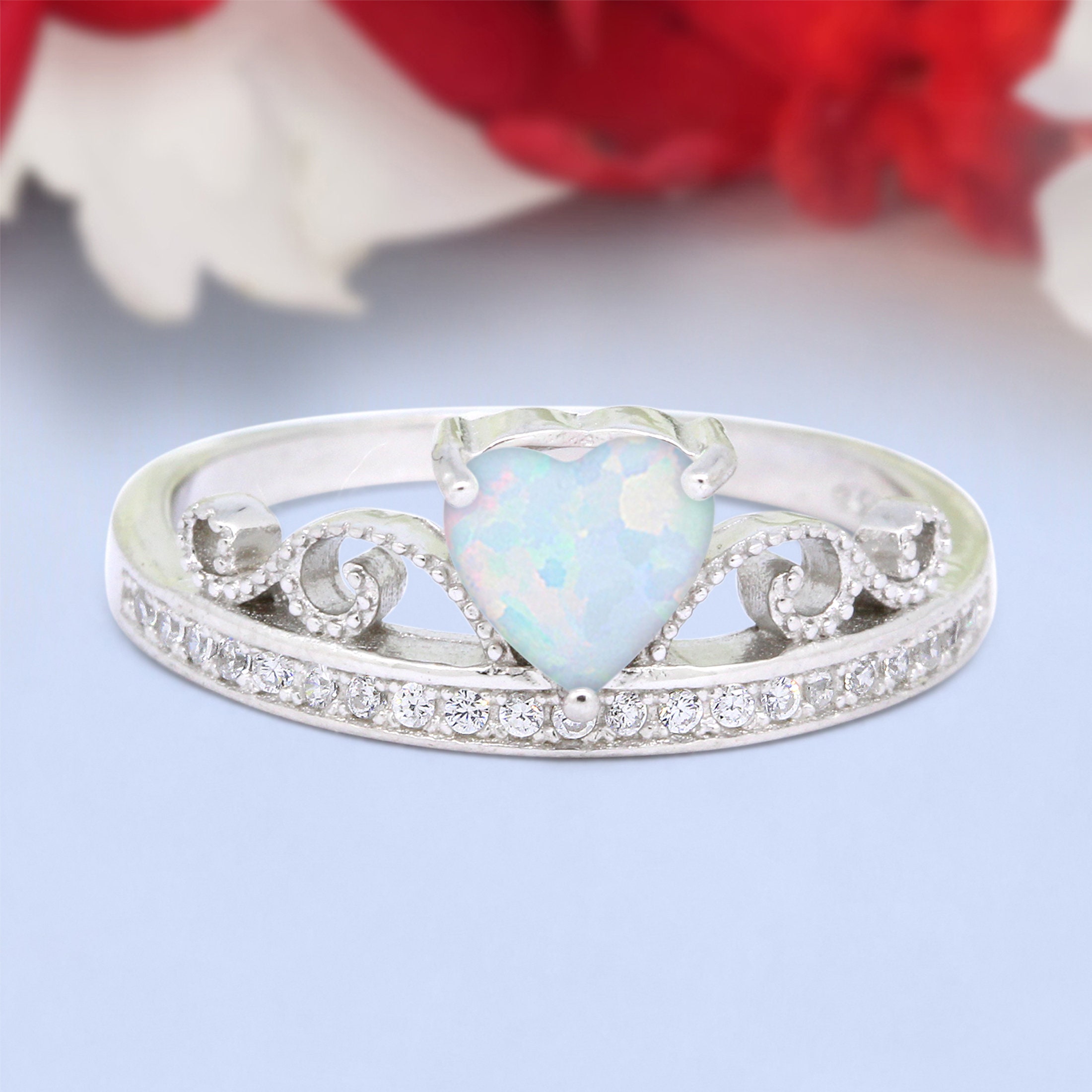 Heart Crown Ring Engagement Bridal Ring Round Simulated | Etsy