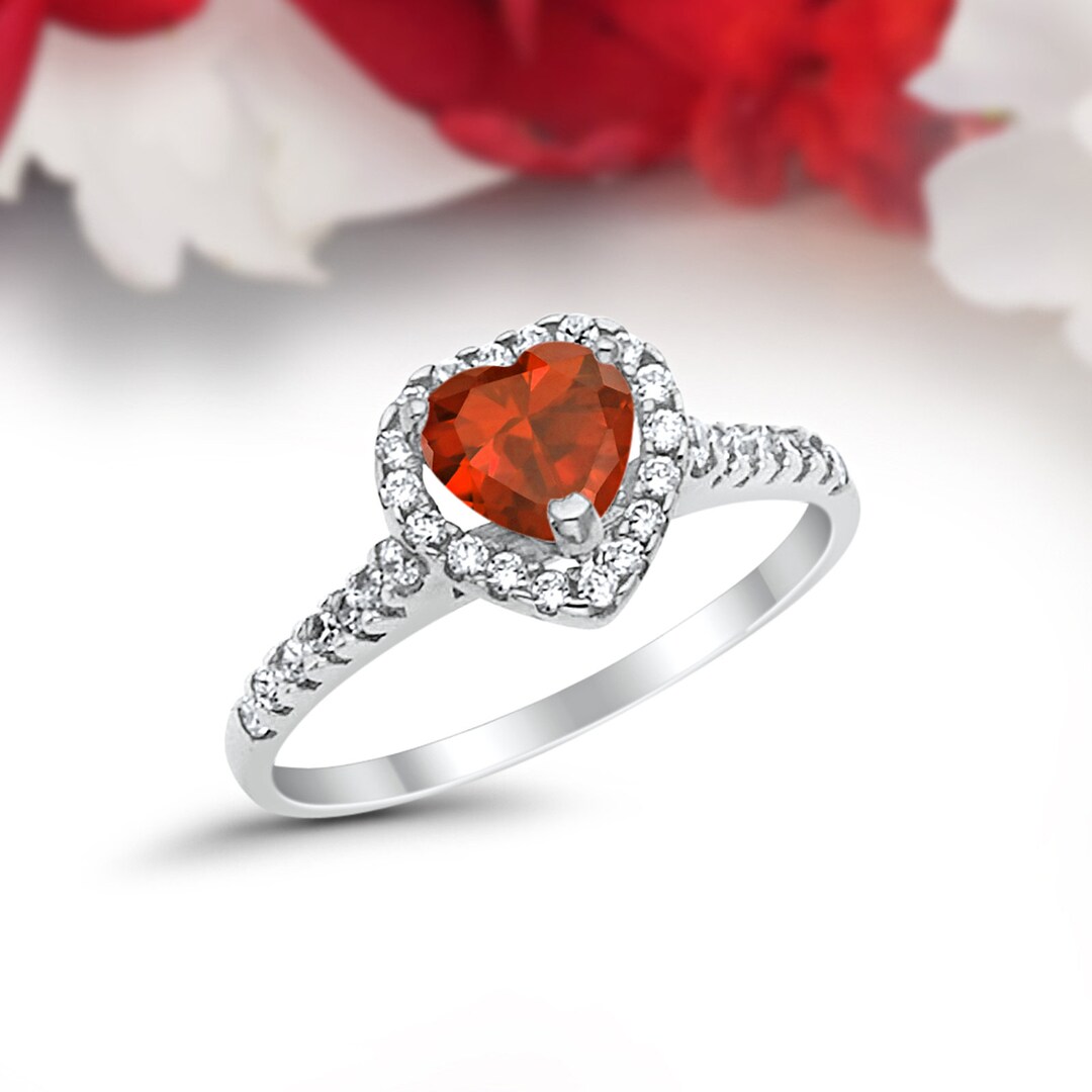 Heart Promise Ring Halo 1ct Heart Round Simulated Garnet Solid 14K ...