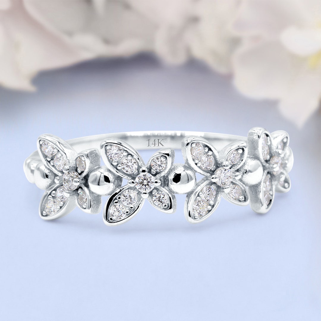 14K Solid Gold Flower Half Eternity Stackable Wedding Engagement Ring ...