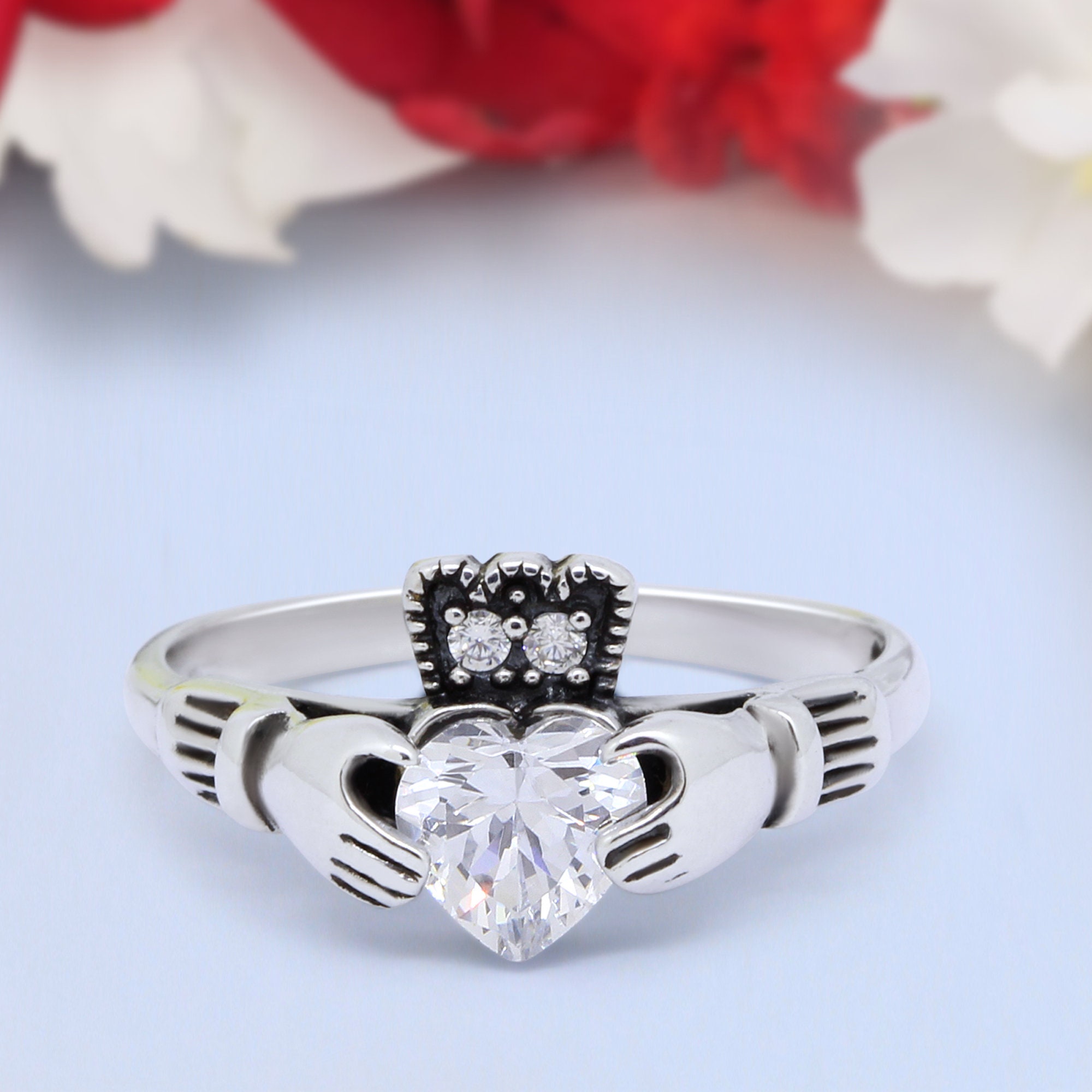 Holding Hands Crown Claddagh Promise Ring Heart Shape Simulated Diamond ...