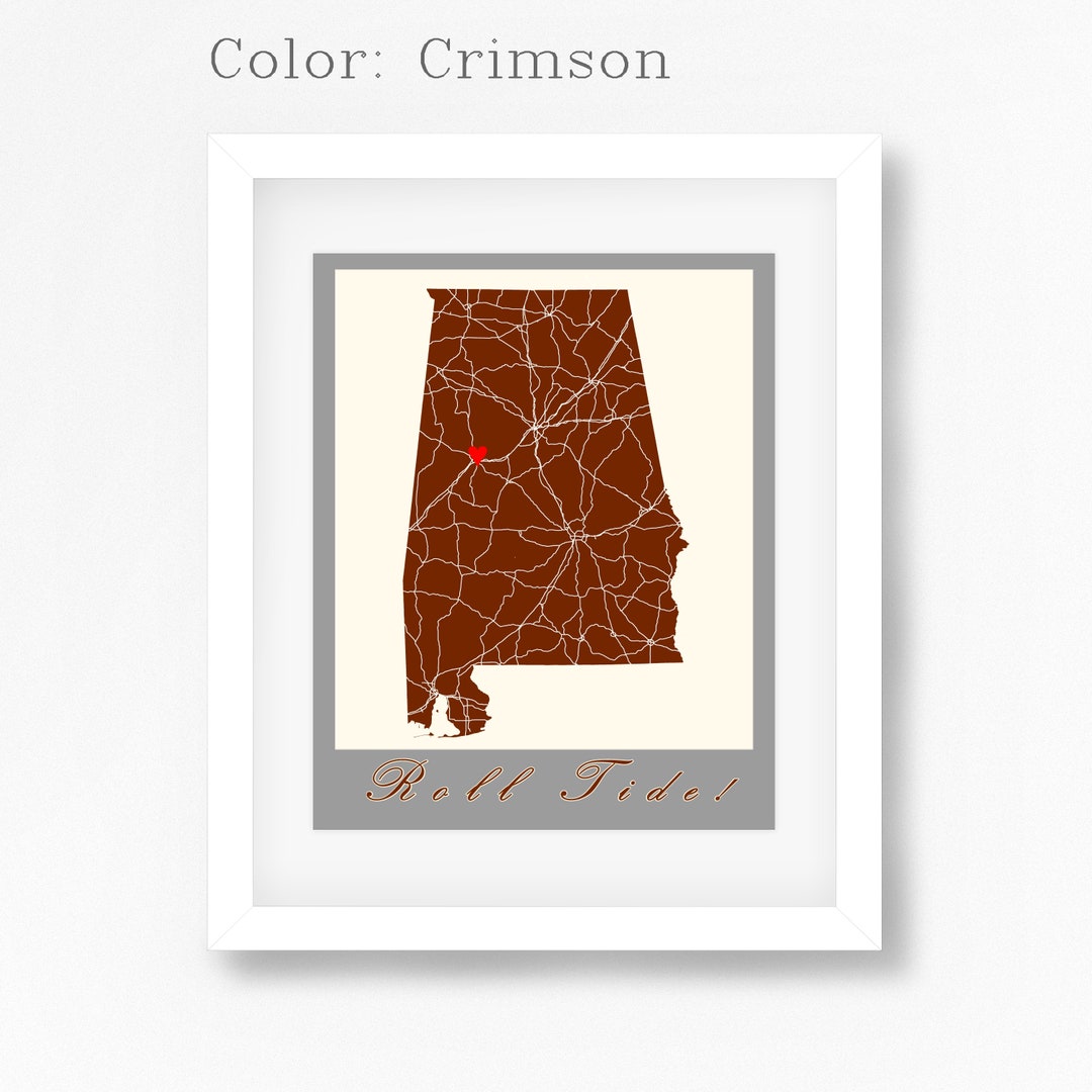 Alabama Roll Tide Map in Crimson Red, Several Sizes / Tuscaloosa ...