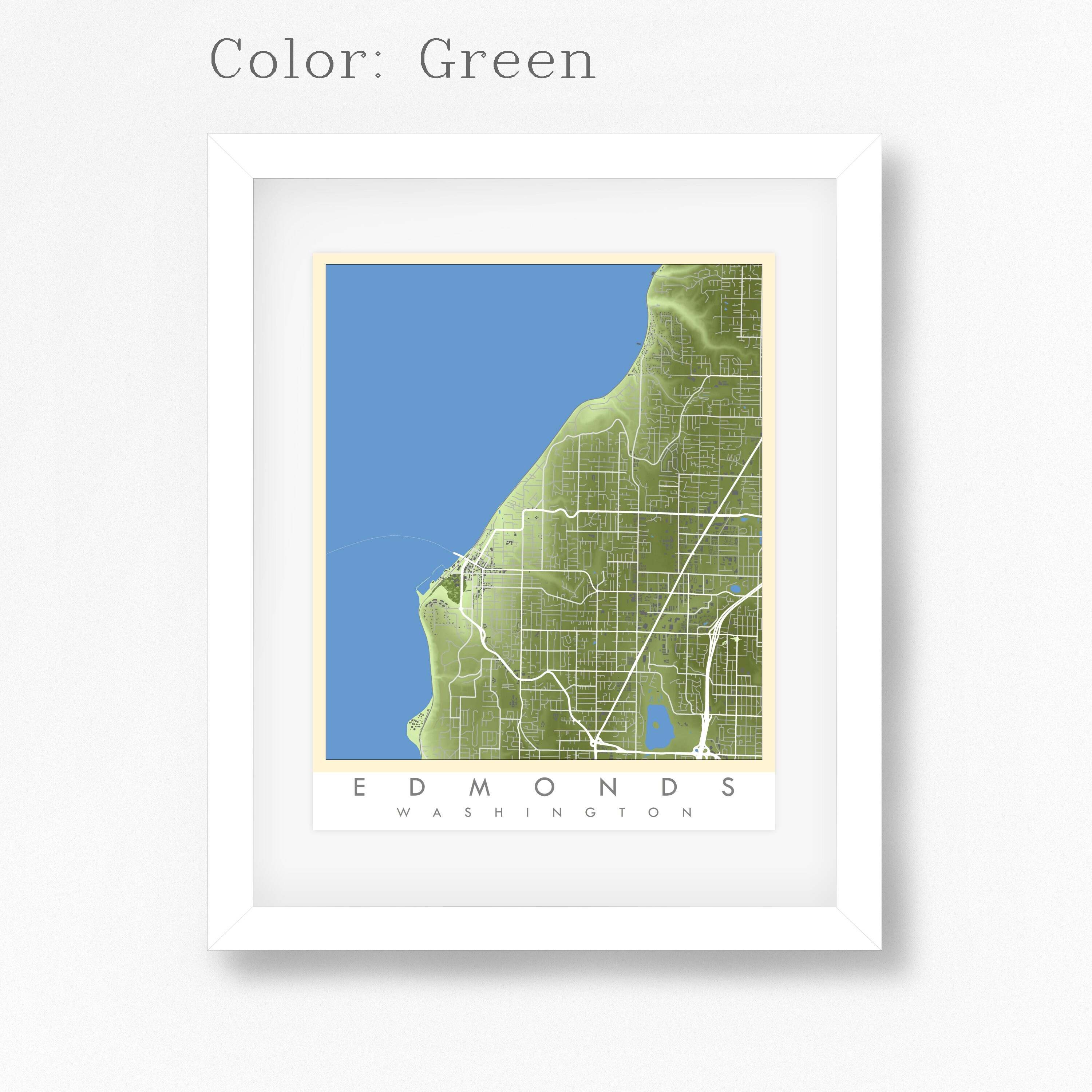 Edmonds Washington Map With Streets Water Hills Buildings. - Etsy