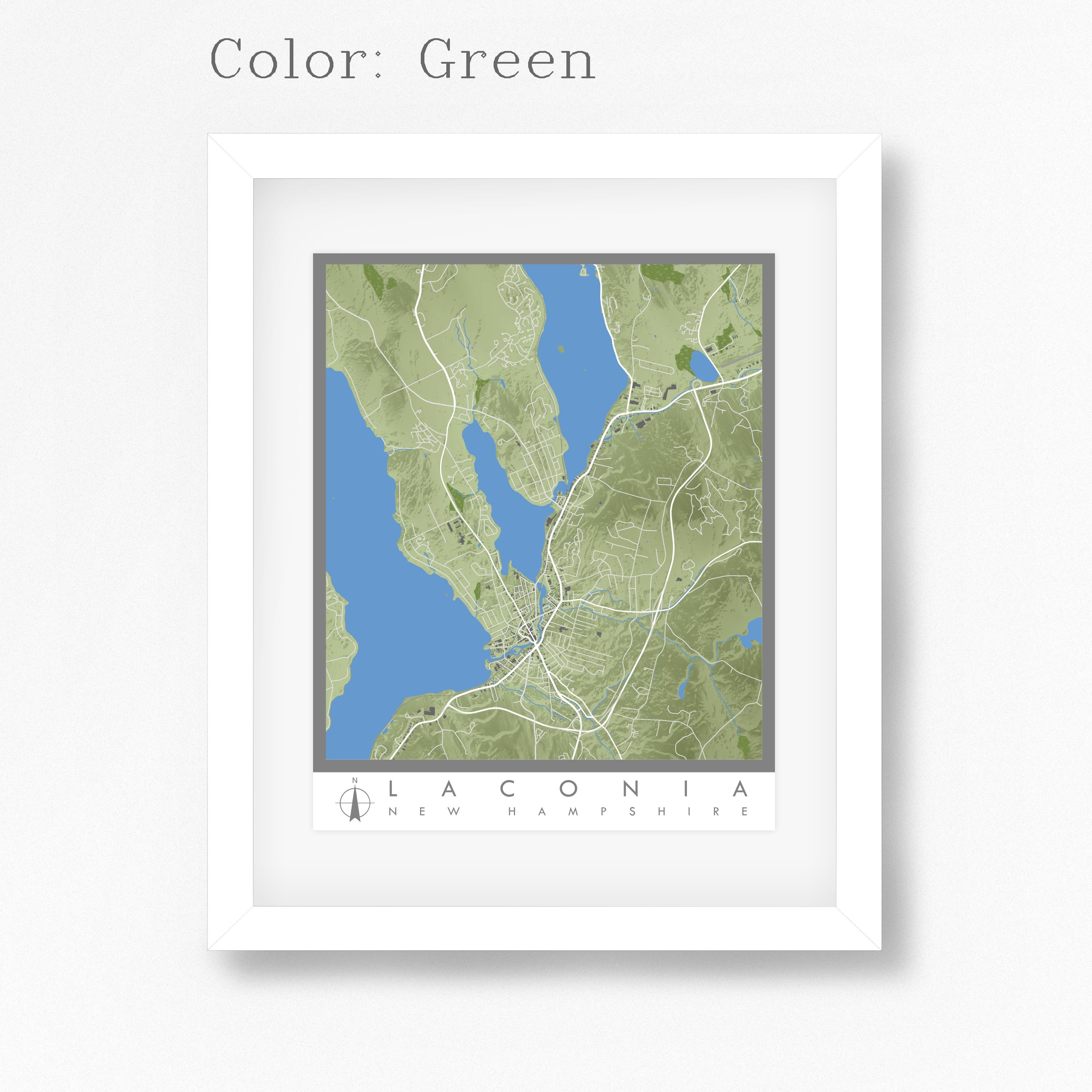 Laconia New Hampshire Map With Streets Water Hills - Etsy