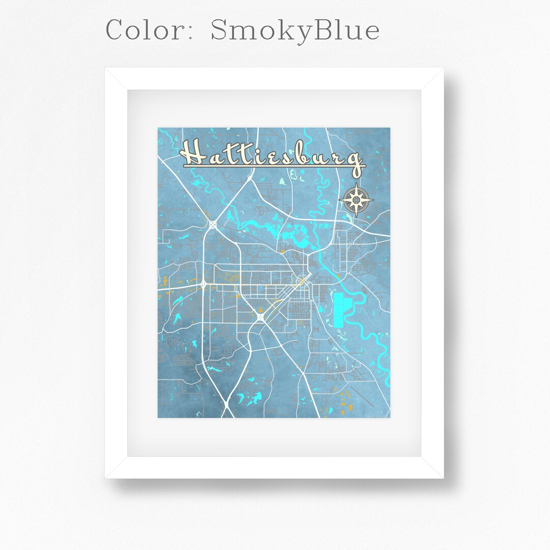 Hattiesburg Mississippi Map With Streets Water Hills - Etsy