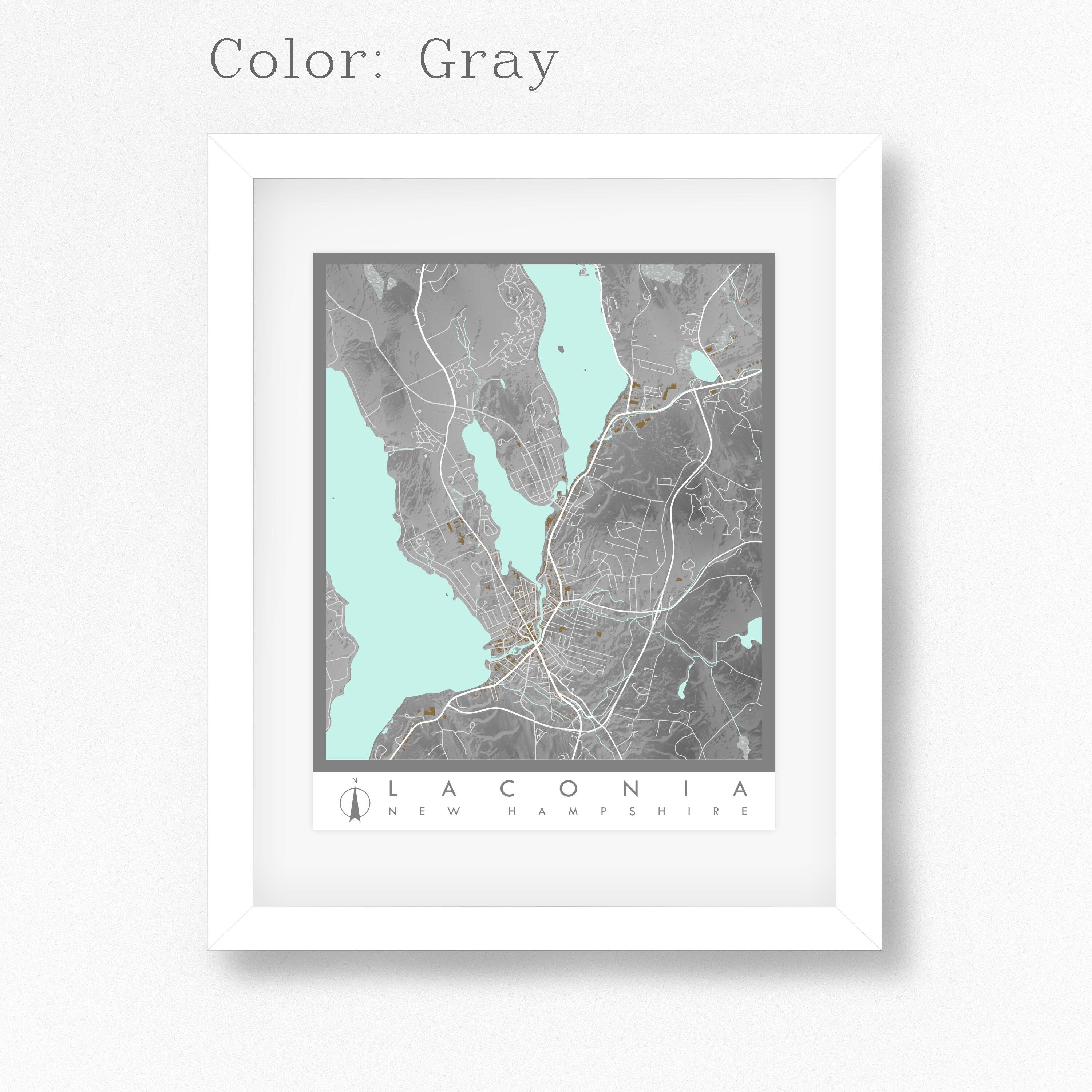 Laconia New Hampshire Map With Streets Water Hills - Etsy