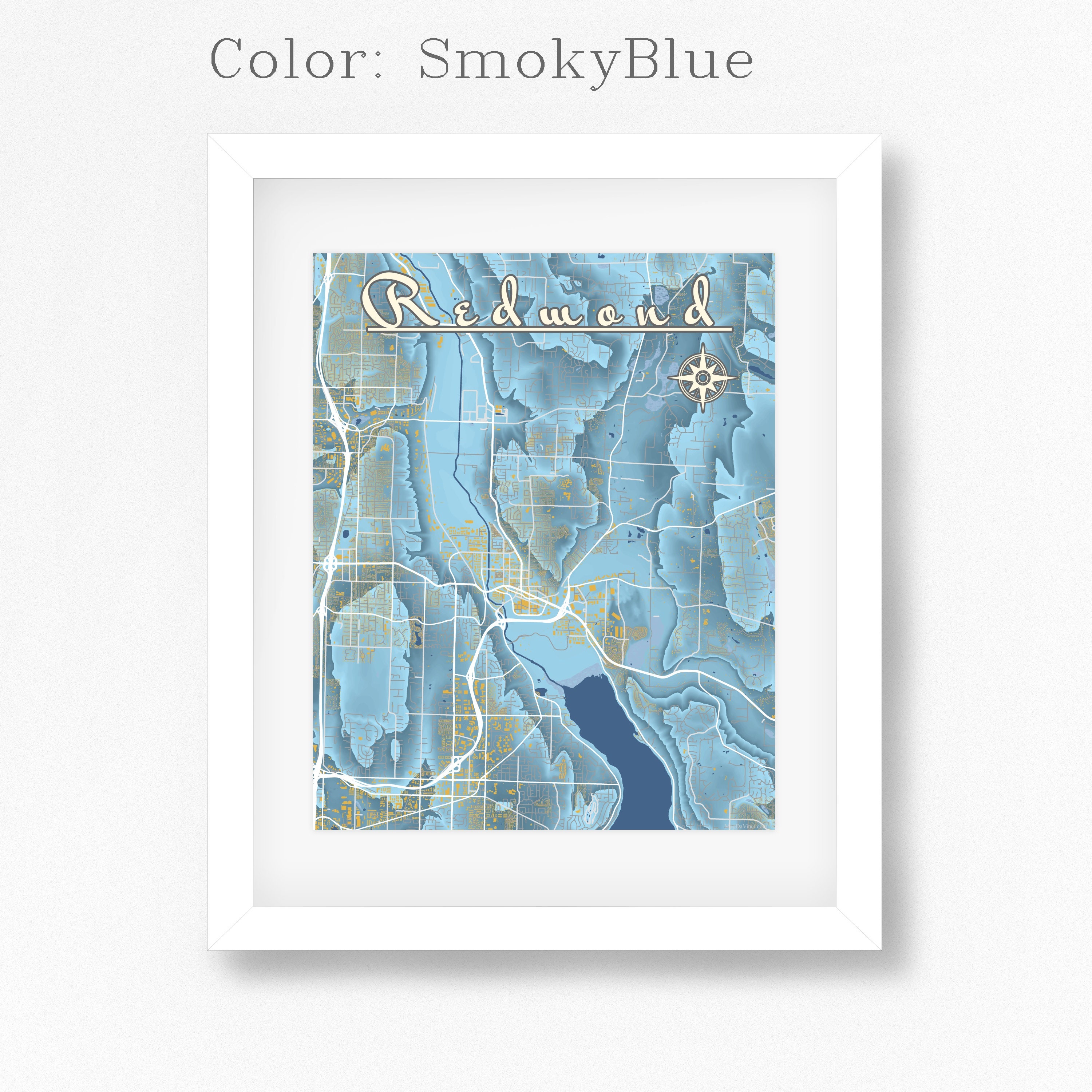 Redmond Washington Map With Streets Water Hills Buildings. | Etsy